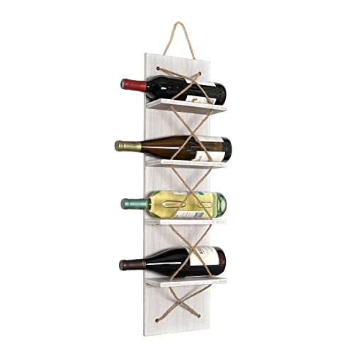 Elegant Designs HG1019-WWH Positano Nautical Rope 4 Bottle Vertical Wall Mounted Wood Wine Rack, White Wash