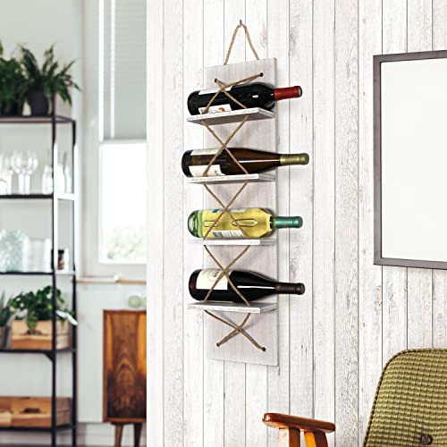 Elegant Designs HG1019-WWH Positano Nautical Rope 4 Bottle Vertical Wall Mounted Wood Wine Rack, White Wash