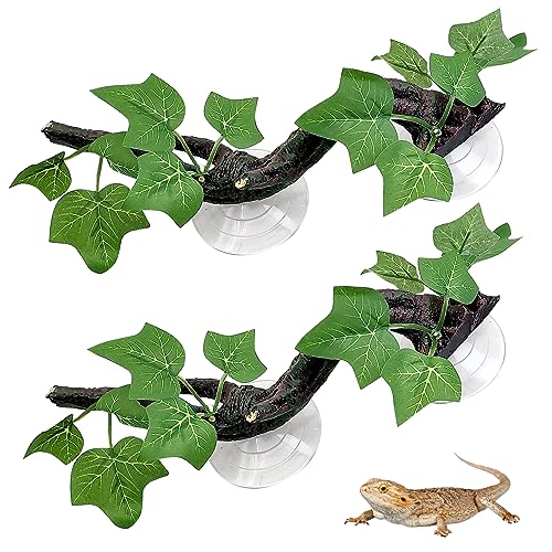 PINVNBY 2 PCS Reptile Corner Branch Terrarium Plant Decoration with Suction Cup Resin Plant for Amphibian Lizard Snake Climbing