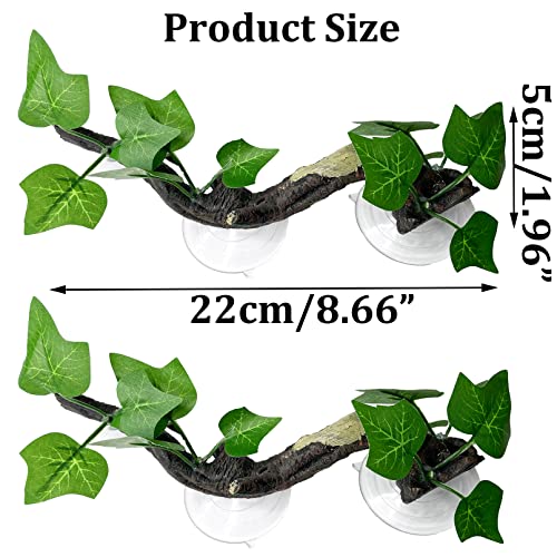 PINVNBY 2 PCS Reptile Corner Branch Terrarium Plant Decoration with Suction Cup Resin Plant for Amphibian Lizard Snake Climbing