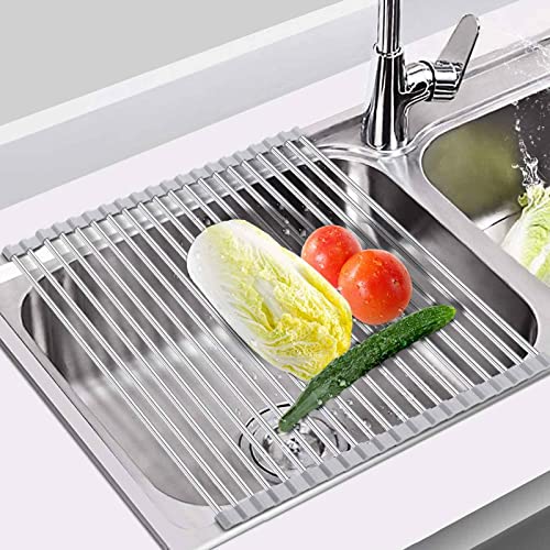 Roll Up Dish Drying Rack, 17" x 15.7 Multipurpose Foldable Sink Drying Rack, Heat-Resistant Anti-Slip Stainless Steel & Silicone Wrapped, for Over the Sink