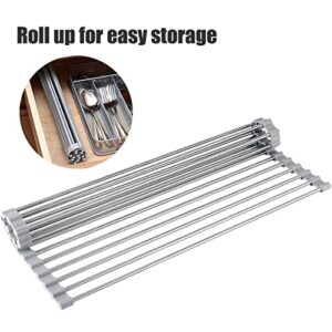 Roll Up Dish Drying Rack, 17" x 15.7 Multipurpose Foldable Sink Drying Rack, Heat-Resistant Anti-Slip Stainless Steel & Silicone Wrapped, for Over the Sink