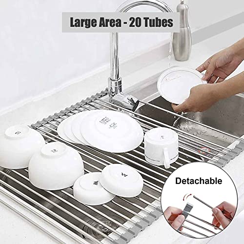 Roll Up Dish Drying Rack, 17" x 15.7 Multipurpose Foldable Sink Drying Rack, Heat-Resistant Anti-Slip Stainless Steel & Silicone Wrapped, for Over the Sink