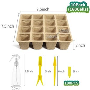 160Cells Seedling Start Trays with Drain Holes,10pcs Peat Pots Seedling Pots Biodegradable,Seedling Starter Kit,Organic Germination Plant Starter Trays(100xLabels,2xTransplant Tools,1xSpray Bottle)