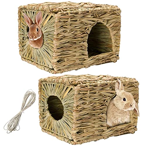 Hamiledyi 2PCS Extra Large Grass House for Rabbit, Edible Bunny Hut Natural Grass Woven Foldable Pet Play Hideaway Hay Mat Chew Toys for Guinea Pig Hamster Chinchilla, Safe Cozy Sleep