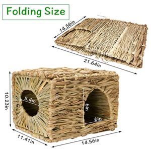 Hamiledyi 2PCS Extra Large Grass House for Rabbit, Edible Bunny Hut Natural Grass Woven Foldable Pet Play Hideaway Hay Mat Chew Toys for Guinea Pig Hamster Chinchilla, Safe Cozy Sleep