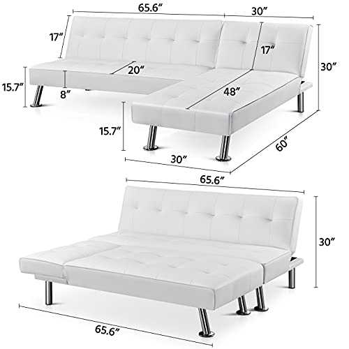 Yaheetech Convertible Sectional Sofa Couch Modern Faux Leather Couch with Chrome Metal Legs L Shaped Sofa Bed with Chaise for Living Room White