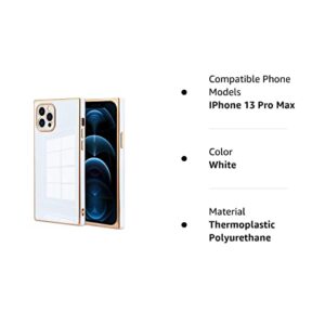 OOK Compatible with iPhone 13 Pro Max Case Square Cute Gold Plating Reinforced Corners Soft TPU Edge Slim Full-Body Shockproof Protective Case Cover for iPhone 13 Pro Max 6.7 Inch - White