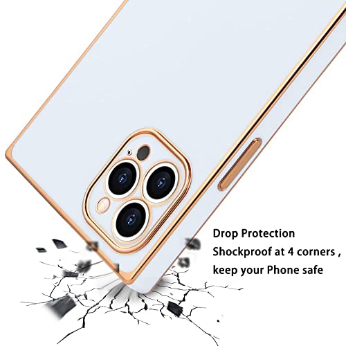 OOK Compatible with iPhone 13 Pro Max Case Square Cute Gold Plating Reinforced Corners Soft TPU Edge Slim Full-Body Shockproof Protective Case Cover for iPhone 13 Pro Max 6.7 Inch - White