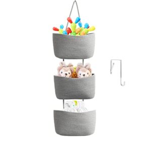 TeoKJ Over the Door Organizer, 3-Tier Woven Cotton Hanging Kitchen Baskets Storage Organizer Bag with Hooks Wall-Mounted Decorative Rope Baskets - Gray