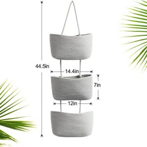 TeoKJ Over the Door Organizer, 3-Tier Woven Cotton Hanging Kitchen Baskets Storage Organizer Bag with Hooks Wall-Mounted Decorative Rope Baskets - Gray