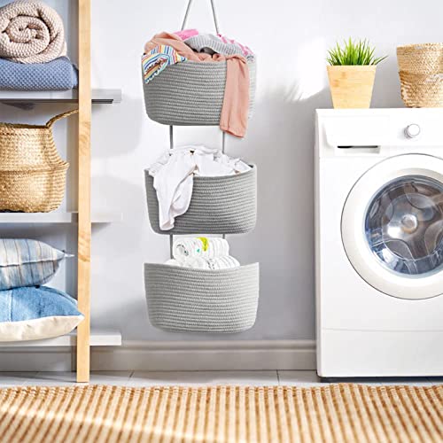 TeoKJ Over the Door Organizer, 3-Tier Woven Cotton Hanging Kitchen Baskets Storage Organizer Bag with Hooks Wall-Mounted Decorative Rope Baskets - Gray