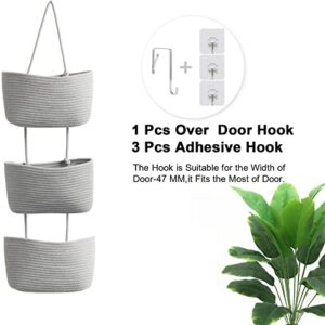 TeoKJ Over the Door Organizer, 3-Tier Woven Cotton Hanging Kitchen Baskets Storage Organizer Bag with Hooks Wall-Mounted Decorative Rope Baskets - Gray