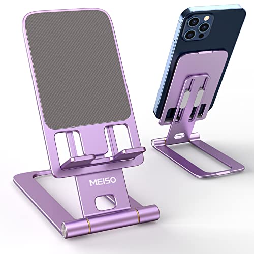 MEISO Cell Phone Stand, Fully Foldable Phone Holder for Desk, Desktop Mobile Phone Cradle Dock Compatible with iPhone, Samsung Galaxy, iPad Mini, Tablets Up to 10” (Lilac Purple)