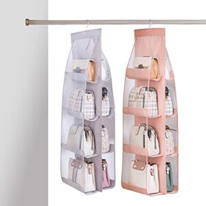 2 pack hanging purse handbag organizer,thickened oxford cloth+pvc hanging purse organizer handbag storage hanger organizer 8 clear pockets ,wardrobe closet space saving organizers,washable(pink+grey)