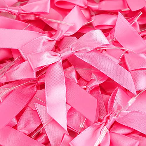 AIMUDI Hot Pink Bows 2.5" Pink Ribbon Valentine's Day Pink Twist Tie Bows Pre Tied Bows Premade Bows for Crafts Treat Bags Cake Pop Party Decorations Candy Apple Box Wedding - 50 Counts