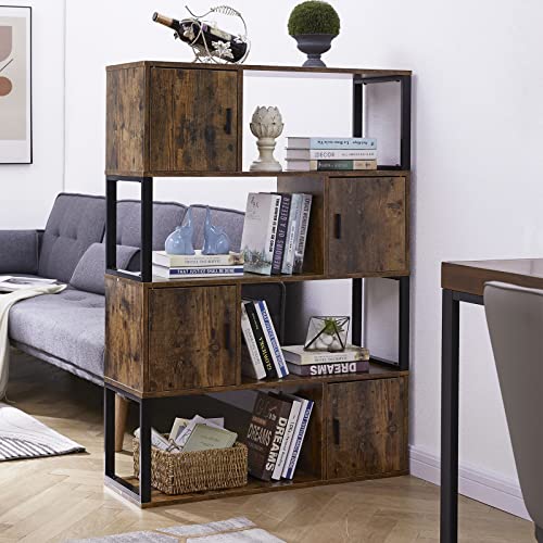 LIFUSTTG Bookshelf, Rustic 5 Shelf Bookcase with Cabinet and Open Shelves, Industrial Wood and Metal Frame Display Storage Rack for Living Room, Rustic Brown