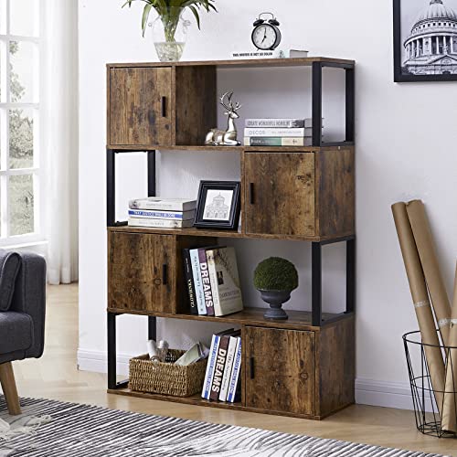 LIFUSTTG Bookshelf, Rustic 5 Shelf Bookcase with Cabinet and Open Shelves, Industrial Wood and Metal Frame Display Storage Rack for Living Room, Rustic Brown