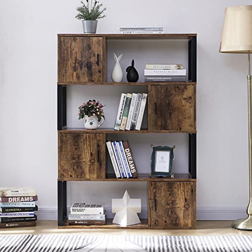 LIFUSTTG Bookshelf, Rustic 5 Shelf Bookcase with Cabinet and Open Shelves, Industrial Wood and Metal Frame Display Storage Rack for Living Room, Rustic Brown