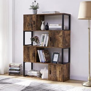 LIFUSTTG Bookshelf, Rustic 5 Shelf Bookcase with Cabinet and Open Shelves, Industrial Wood and Metal Frame Display Storage Rack for Living Room, Rustic Brown