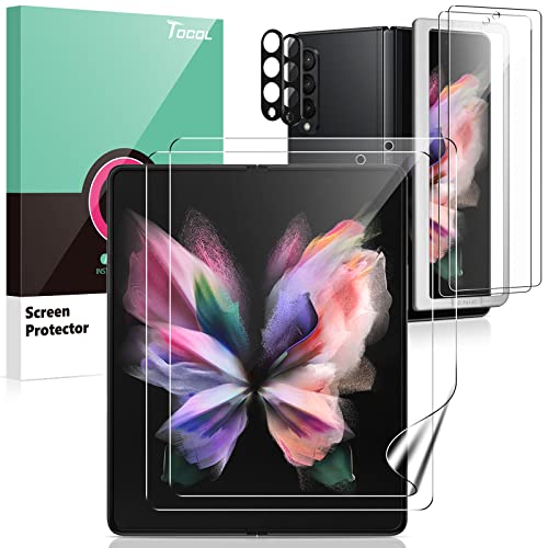 TOCOL [6 Items Designed for Samsung Galaxy Z Fold 3 5G- 2 Pack Front Tempered Glass Screen Protector + 2 Pack Inside TPU Screen Protector + 2 Pack Tempered Glass Camera Lens Protector, Bubble Free