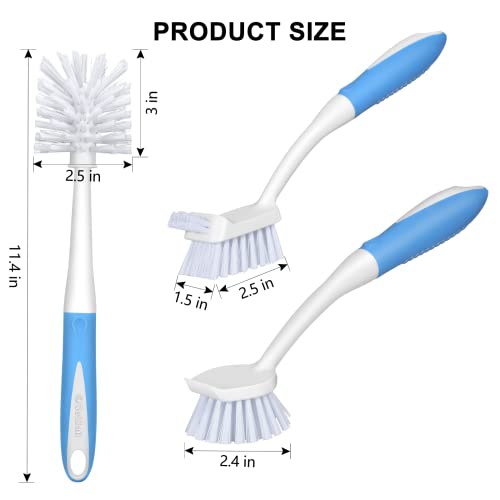 SetSail Dish Brush Set of 4 with Bottle Brush, Dish Scrub Brush with Long Handle Deep Cleaning Handle Brush with Scraper Tip for Kitchen Sink Dishes Bottle Cup Pot and Pans Tile Lines, Blue