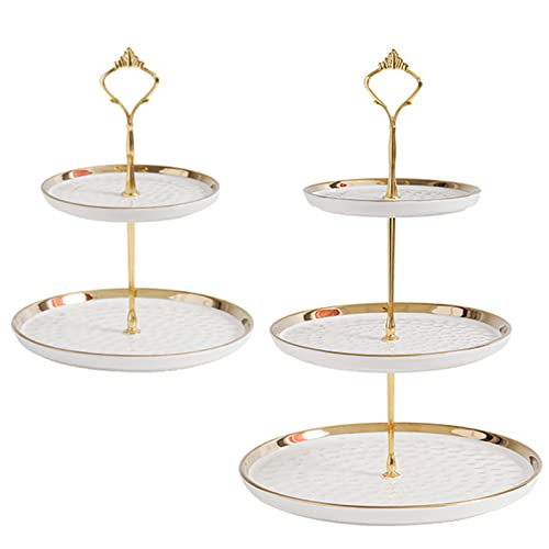 Tosnail Set of 2 Porcelain Cupcake Stand Ceramic Dessert Stand Tiered Serving Trays with Gold Rod, 3 Tiers and 2 Tiers Cake Stand Party Serving Trays Fruit Pastry Holders for Wedding and Party