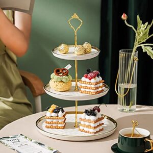 Tosnail Set of 2 Porcelain Cupcake Stand Ceramic Dessert Stand Tiered Serving Trays with Gold Rod, 3 Tiers and 2 Tiers Cake Stand Party Serving Trays Fruit Pastry Holders for Wedding and Party