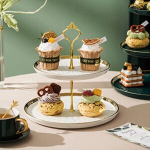 Tosnail Set of 2 Porcelain Cupcake Stand Ceramic Dessert Stand Tiered Serving Trays with Gold Rod, 3 Tiers and 2 Tiers Cake Stand Party Serving Trays Fruit Pastry Holders for Wedding and Party