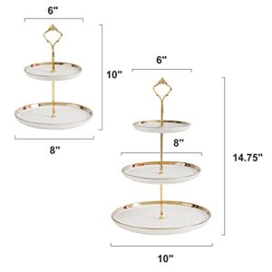 Tosnail Set of 2 Porcelain Cupcake Stand Ceramic Dessert Stand Tiered Serving Trays with Gold Rod, 3 Tiers and 2 Tiers Cake Stand Party Serving Trays Fruit Pastry Holders for Wedding and Party