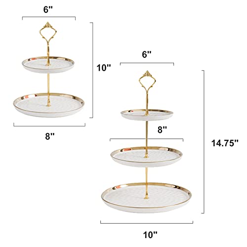 Tosnail Set of 2 Porcelain Cupcake Stand Ceramic Dessert Stand Tiered Serving Trays with Gold Rod, 3 Tiers and 2 Tiers Cake Stand Party Serving Trays Fruit Pastry Holders for Wedding and Party