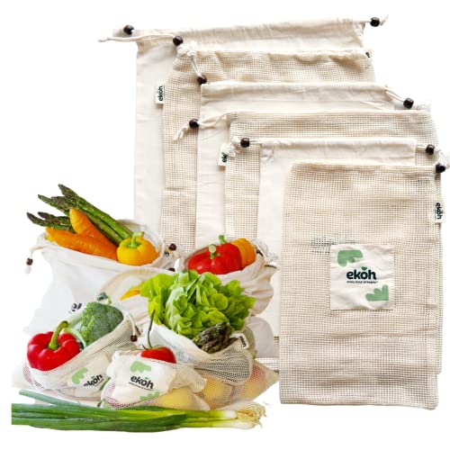 EKOH Reusable Organic Cotton Produce Bags 6 Drawstring Bags 3 Sizes Muslin Cotton and Mesh (Organic Cotton and Mesh 6 Pack)