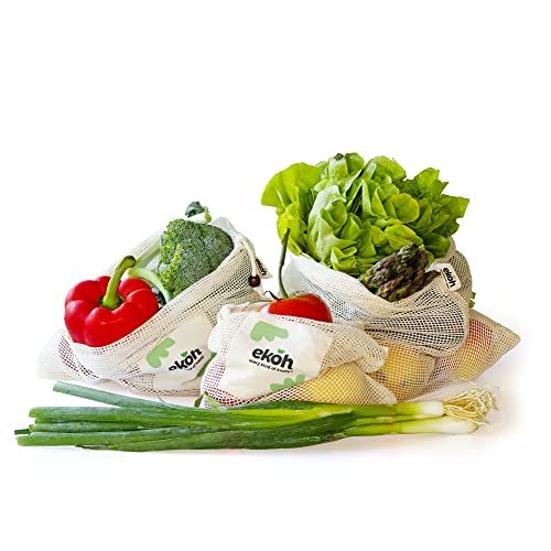 EKOH Reusable Organic Cotton Produce Bags 6 Drawstring Bags 3 Sizes Muslin Cotton and Mesh (Organic Cotton and Mesh 6 Pack)