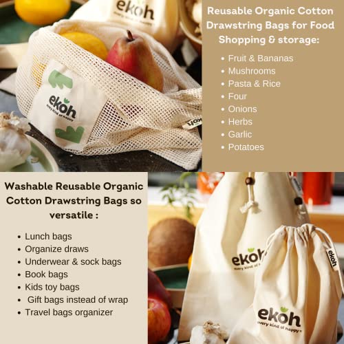 EKOH Reusable Organic Cotton Produce Bags 6 Drawstring Bags 3 Sizes Muslin Cotton and Mesh (Organic Cotton and Mesh 6 Pack)