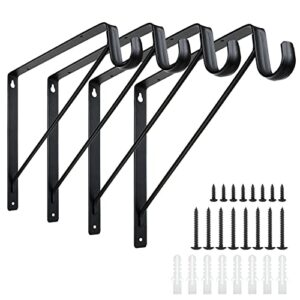 4pack closet shelf & rod brackets, black closet shelf bracket with rod support, wall mounted closet rod bracket with screws, clothes hanger pole support bracket for both shelf storage and closet rod