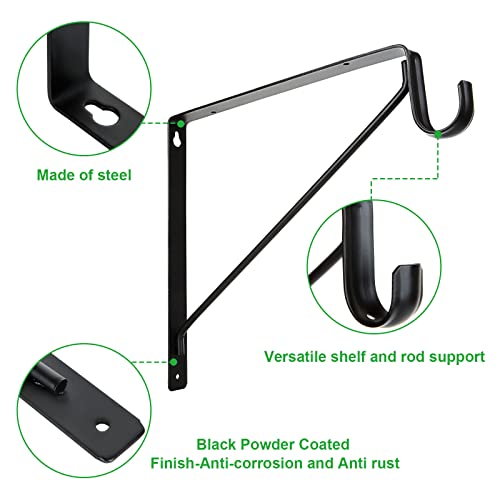 4Pack Closet Shelf & Rod Brackets, Black Closet Shelf Bracket with Rod Support, Wall Mounted Closet Rod Bracket with Screws, Clothes Hanger Pole Support Bracket for Both Shelf Storage and Closet Rod