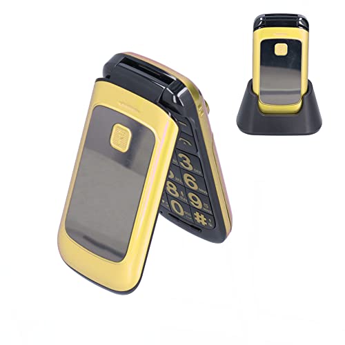 ASHATA Senior Big Button Flip Cell Phone 2.4 Inch Premium Flip Phone Dual SIM Full Voice Auxiliary Phone with Flashlight Radio and Charging Stand, One Touch Dial, Easy (Gold)