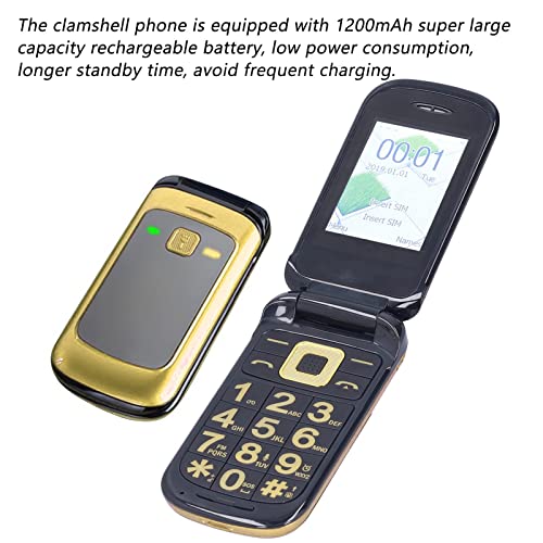 ASHATA Senior Big Button Flip Cell Phone 2.4 Inch Premium Flip Phone Dual SIM Full Voice Auxiliary Phone with Flashlight Radio and Charging Stand, One Touch Dial, Easy (Gold)