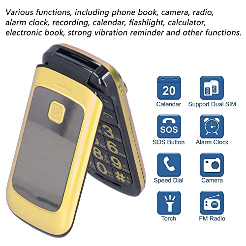 ASHATA Senior Big Button Flip Cell Phone 2.4 Inch Premium Flip Phone Dual SIM Full Voice Auxiliary Phone with Flashlight Radio and Charging Stand, One Touch Dial, Easy (Gold)