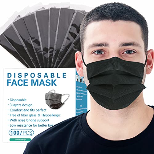 mystcare Individually Wrapped Masks 100 Pack Disposable,Face Mask Protection for Adults 3-Layer Filter Safety Face Masks(100, Black)