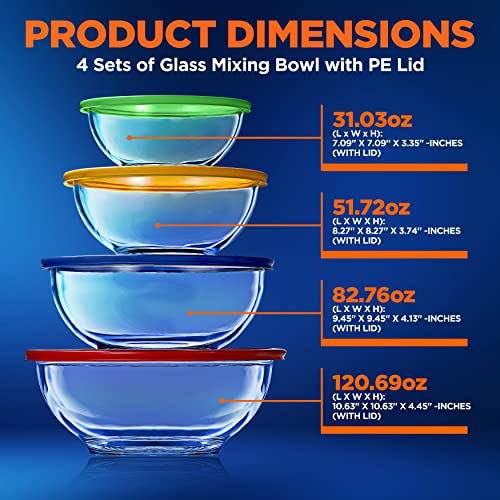 NutriChef Glass Mixing Bowl Set - 4 Sets Stackable Superior Premium Meal-prep Container w/Airtight Locking Lid, BPA-Free Leakproof, Freezer-to-Oven-Safe, For Food Preparation/Storage, Dishwasher Safe