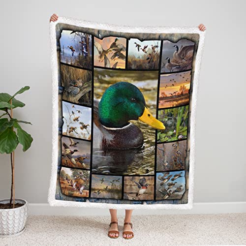 Duck Hunting Beautiful Mallard Blanket - Fleece Sherpa Blanket - Camo Hunting Blanket and Throw Full Size 60x80 for Sofa, Bed, Outdoor from Son Daughter to Mother Father Birthday Christmas