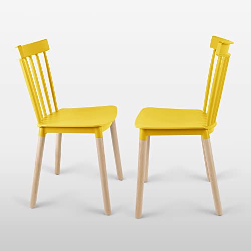 Simpol Home DSW Armless Modern Plastic Chairs with Wood Legs for Living, Bedroom, Kitchen, Dining,Lounge Waiting Room, Restaurants, Cafes, Set of 4, Yellow