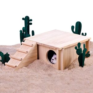 fhiny wooden hamster hideout for small animal, gerbils chamber hut with ladder habitats decor, maze climbing toys for dwarf syrian hamsters mice and other small pets