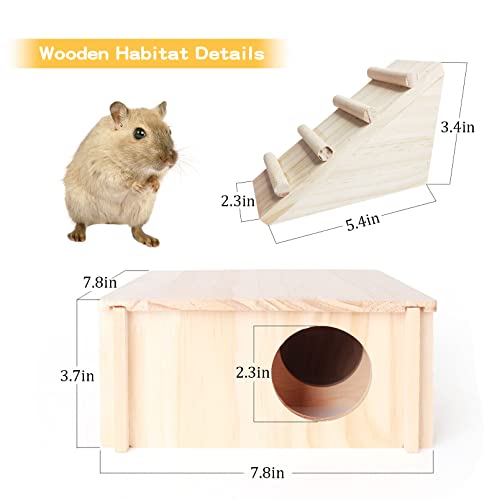 Fhiny Wooden Hamster Hideout for Small Animal, Gerbils Chamber Hut with Ladder Habitats Decor, Maze Climbing Toys for Dwarf Syrian Hamsters Mice and Other Small Pets