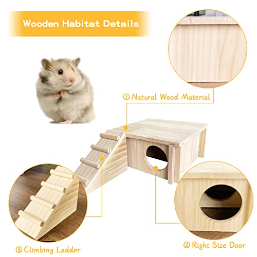 Fhiny Wooden Hamster Hideout for Small Animal, Gerbils Chamber Hut with Ladder Habitats Decor, Maze Climbing Toys for Dwarf Syrian Hamsters Mice and Other Small Pets