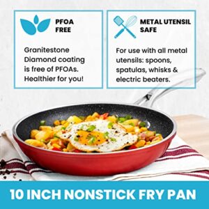 Granite Stone Coated Nonstick Frying Pan - 10 Inch Frying Pan Nonstick Pan Skillets Nonstick Non Stick Pan Cooking Pan Fry Pan Skillet Large Frying Pan, 100% PFOA Free, Oven & Dishwasher Safe - Red