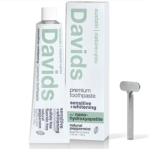 Davids Nano Hydroxyapatite Natural Toothpaste for Remineralizing Enamel, Sensitive Relief & Teeth Whitening - Antiplaque, Fluoride Free, SLS Free, Peppermint, 5.25oz, Made in USA