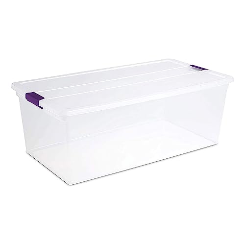 Sterilite 110 Qt ClearView Latch Storage Box, Stackable Bin with Latching Lid, Plastic Container Organize Clothes in Closet, Clear Base, Lid, 16-Pack