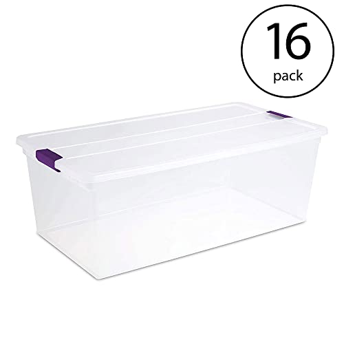 Sterilite 110 Qt ClearView Latch Storage Box, Stackable Bin with Latching Lid, Plastic Container Organize Clothes in Closet, Clear Base, Lid, 16-Pack